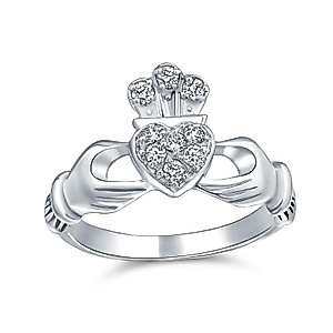 Personalize BFF Sorority Sister CZ Pave Celtic Irish Friendship Promise Crown Heart Claddagh Ring For Women Teen .925 Sterling Silver Custom Engraved