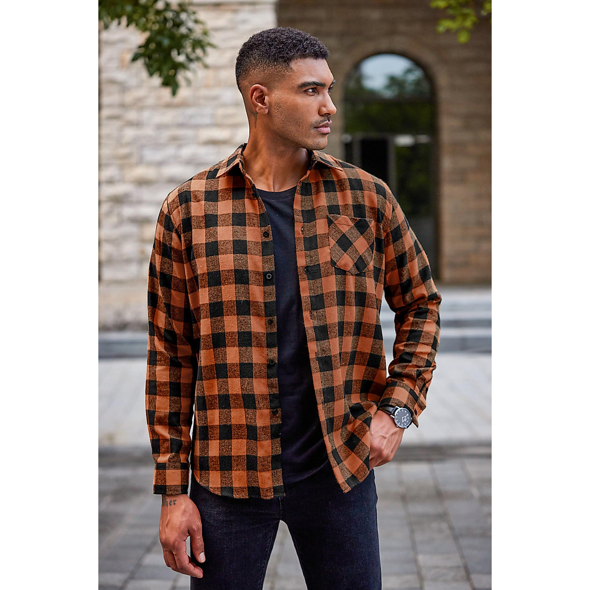 COOFANDY Men's Flannel Plaid Shirt Casual Long Sleeve Checkered Shirt Fall Overshirt A - Orange