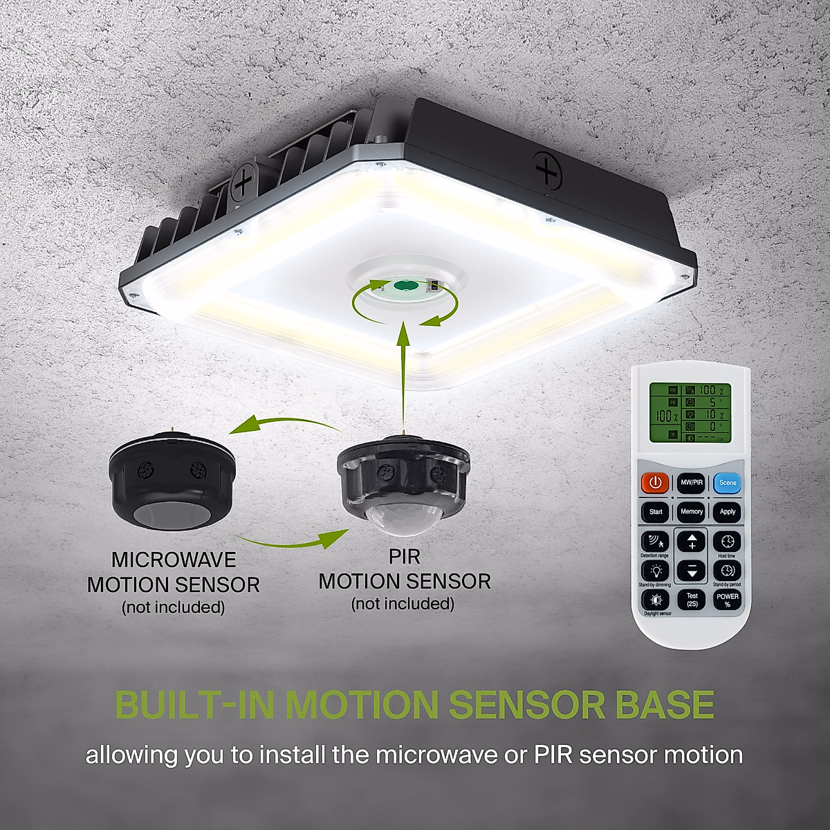 ASD LED Canopy Light 100/70/60W with Q-Base – 3000/4000/5000K 14448Lm 10"x10" 120-277V IP65 Dimmable 0-10V UL & DLC Listed (Optional Motion Sensor-Extra Purchase)