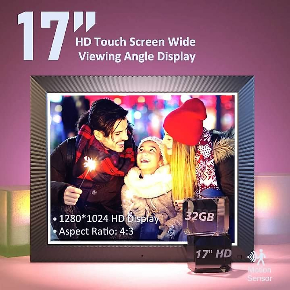 17-inch Dual-WiFi Digital Picture Frame - Digital Photo Frame, 32GB, Motion Sensor, Full Function, Sharing Photos and Videos via App or Email, Unlimited Cloud Storage, Wall Mountable
