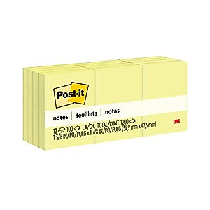 Post-it Mini Notes, 1.5x2 in, 12 Pads, America's #1 Favorite Sticky Notes, Canary Yellow, Clean Removal, Recyclable (653)