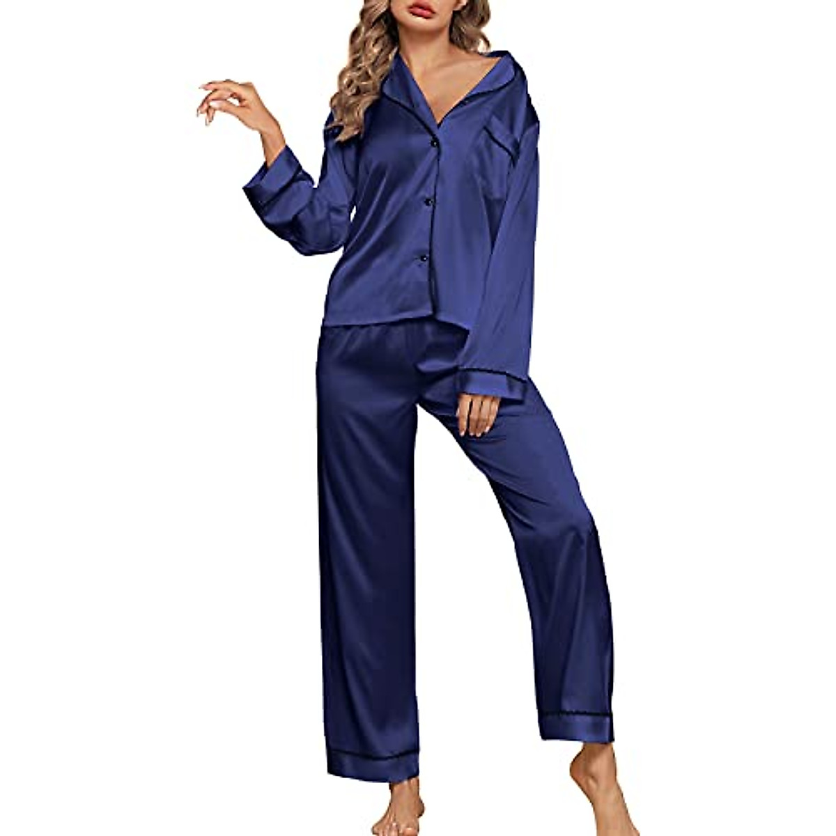 DUWMCON Button Up Pajama Set for Women Silk Satin Long Sleeve Top and Pajama Pants Sleepwear Soft Pjs Lounge Sets Navy Blue XL