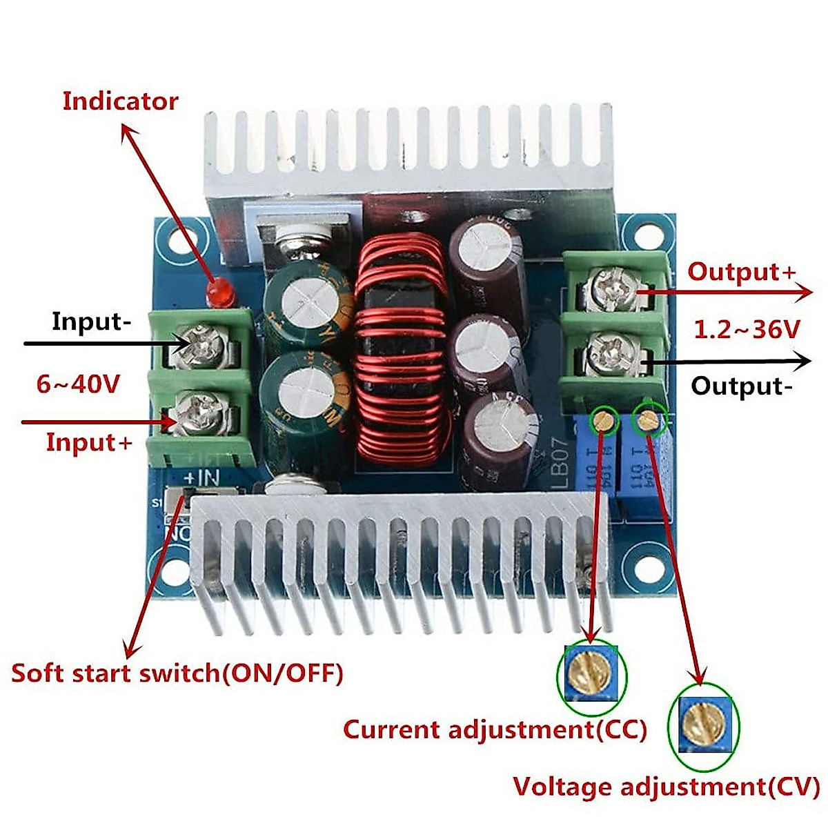 JacobsParts 300W Synchronous Buck Module Constant Current CC CV DC DC Step Down Voltage Power Regulator 6-40V in to 1.2-36V 20A Out 5V 12V 24V