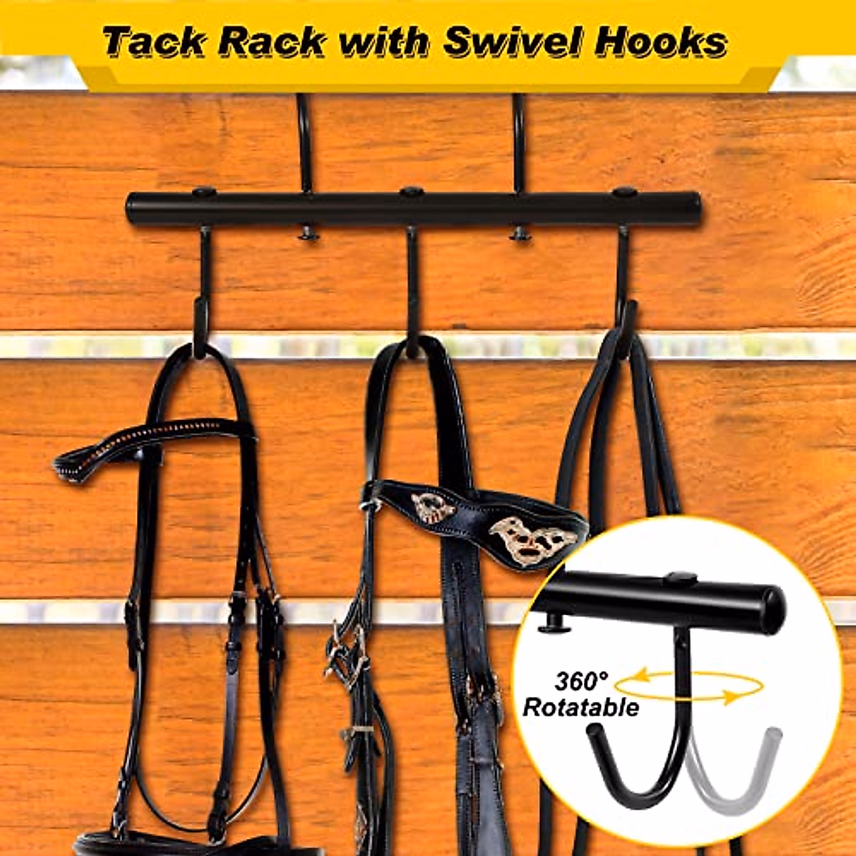 Dunzy 2 Pcs Black Tack Rack with Swivel Hooks, Hanging Bridle Hooks Portable Tack Hangers for Horses, Horse Tack Room Organizer Horse Tack Holder for Stall Room Trailer Accessories (5 Hooks Style)