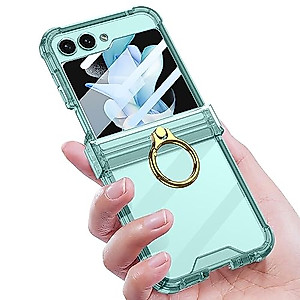 DALUZ Designed for Samsung Galaxy Z Flip 5 Case, Full-Body Bumper Case for Z Flip 5 with Built-in Tempered Glass Back Screen Protector, Slim Clear Galaxy Z Flip 5 Case with Ring Kickstand