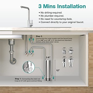 SimPure V7 Under Sink Water Filter, 5-Stage Stainless Steel Water Filtration System Direct Connect to Kitchen Faucet, Reduces 99% Lead, Chlorine, Bad Taste, 20K Gallons (No Drilling Required)