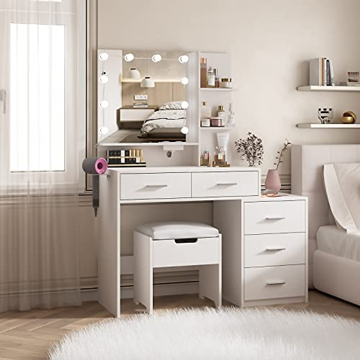 Maupvit Vanity Desk with Mirror and Lights, White Vanity with Bedside Table, 5 Drawers Large Capacity, Metal Silver Handle, Makeup Vanity with 10 Led Lights And Charging Station (White)