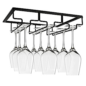 Helunsi Black Wine Glass Rack Under Cabinet Wine Glass Holder Stemware Hanging Rack Wine Glass Hangers Under Shelf Metal Storage Organizer Mountable for Kitchen Cabinet Restaurant Bar (3 Rows)
