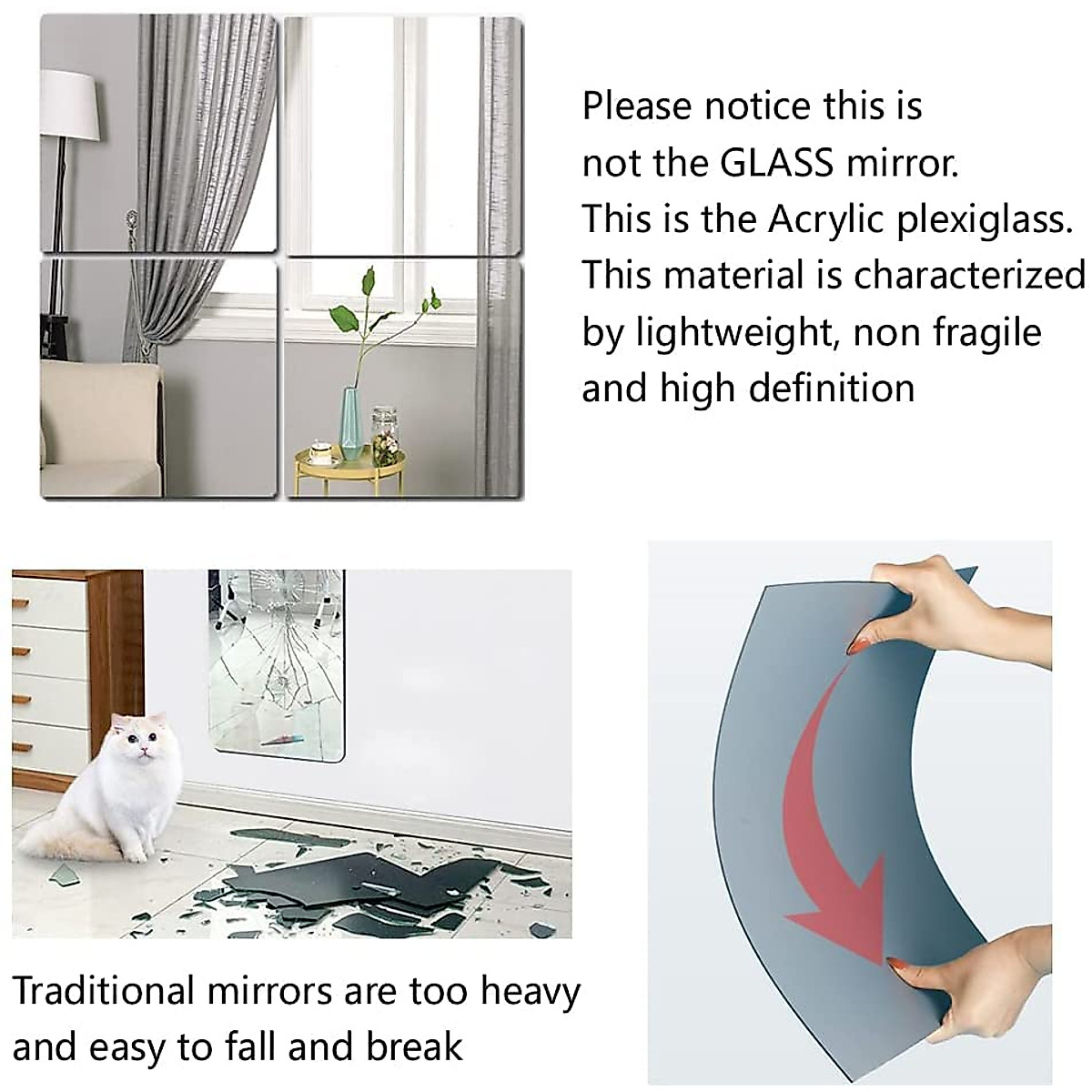 Full Body Length Mirrors for Walls, 15.7x12 4pcs Acrylic Plexiglass Mirror Stickers Wall-Mounted Stick On Frameless Makeup Large Long Mirror Home Workout Gym Hallway Dorm Floor Tile Self Adhesive