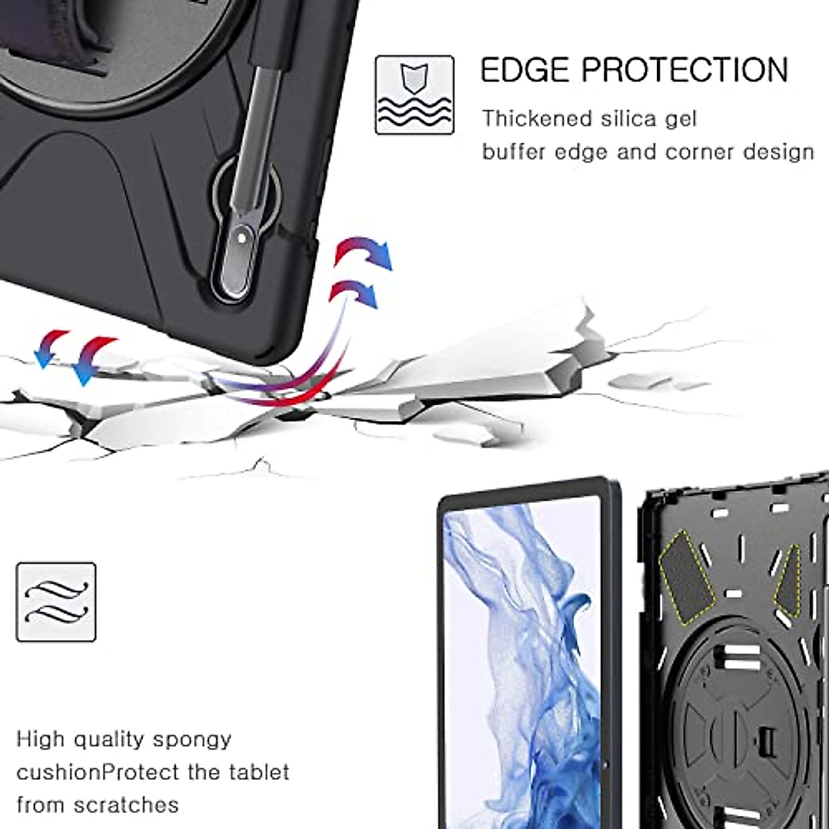 Gerutek Galaxy S7FE/S8 Plus/S7 Plus 12.4" Case 2022/2020, 3-Layer Shockproof Structure Samsung Galaxy S8+ /S7+ Tablet Case with Pen Holder, Rotatable Kickstand, Shoulder/Hand Strap, Black