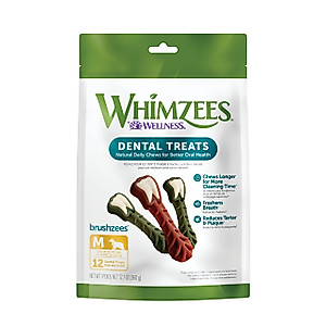 Whimzees by Wellness Brushzees Small + Medium Size Bundle, Natural Dental Chews for Dogs, Grain-Free, 24 Count of Small Size + 12 Count of Medium
