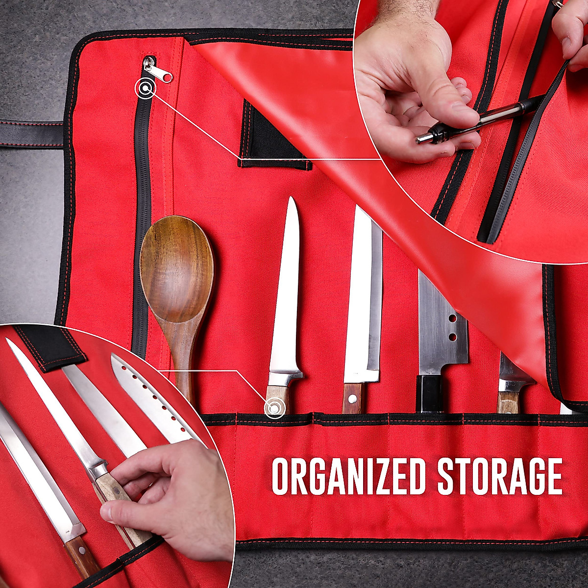 369 Products Chef Knife Bag - 18" x 7" x 3" Waterproof Polyester Knife Roll Bag with 13 Slots, Stylish Leather Straps and Detachable Shoulder Harness, Additional Zipper Compartment