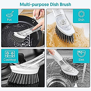 Soap Dispensing Dish Brush Set - FORSPEEDER Kitchen Brush with Stand 3 Brush Replacement Heads Stainless Steel Handle, Dish Wand Scrub Brush for Dishes Sink Pot Pan Cleaning