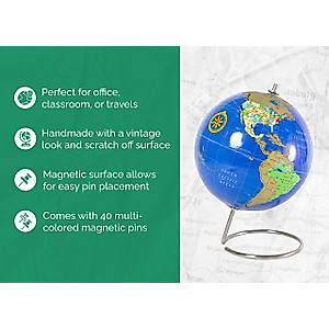 Bullseye Office - Magnetic Scratch Off World Globe (Lacquer Finish) - 10" Magnetic Standing World Globe with Magnetic Pins - Perfect as Office Desk Globe, Classroom Globe, or Travelers Globe (Blue)