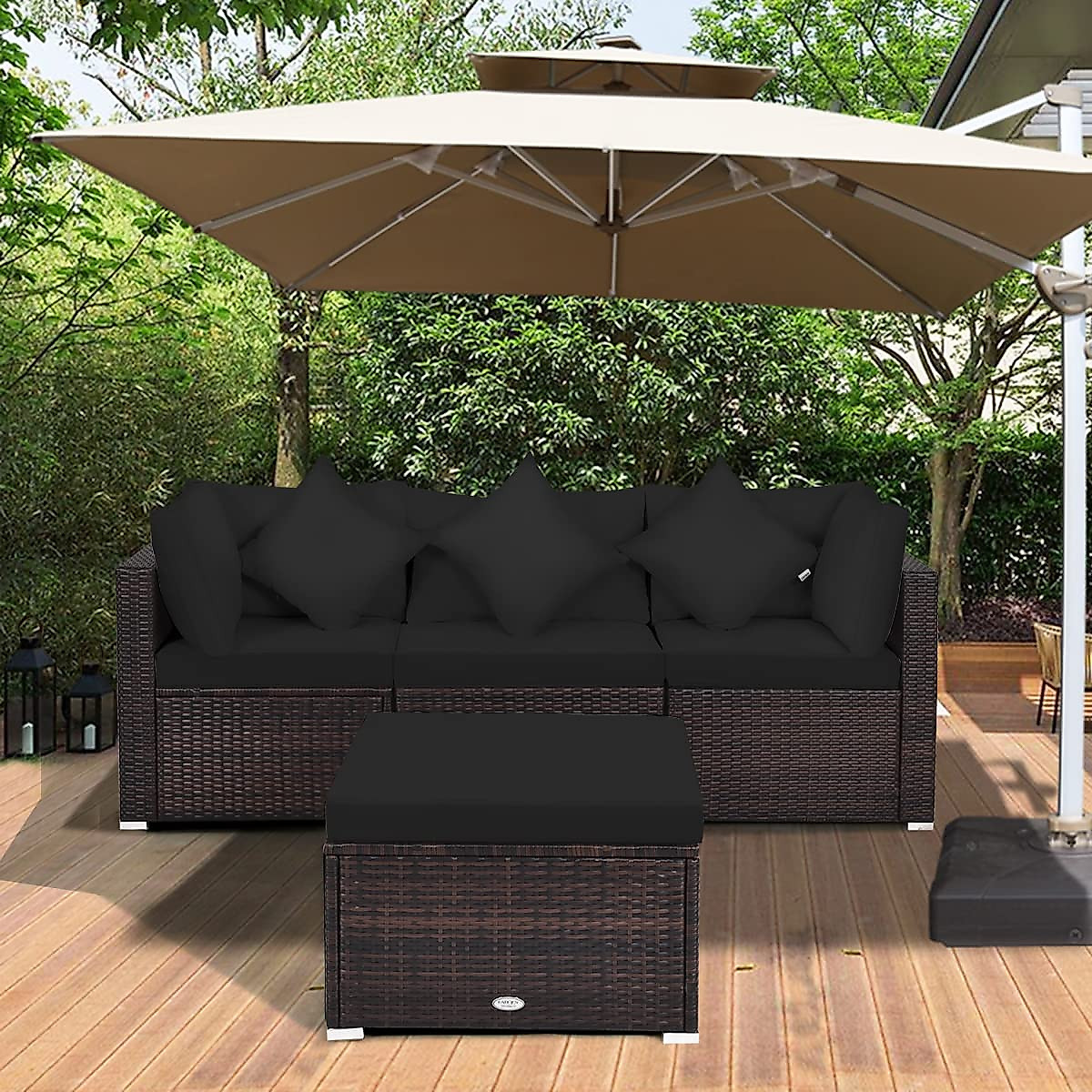 Tangkula 4 PCS Patio Rattan Sofa Set, Outdoor Wicker Sectional Furniture Set, Patio Conversation Set with Removable Cushions & Pillows for Backyard Porch Garden Poolside Balcony (Black)