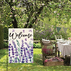 AVOIN colorlife Welcome Spring Lavender Garden Flag 12x18 Inch Double Sided Outside, Flower Seasonal Yard Outdoor Flag