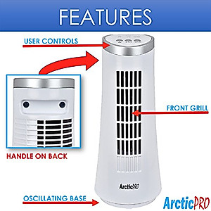 MINI DESK OSCILLATING TOWER FAN By Arctic-Pro – Slim and Compact Size, 2-Speed, Ultra-Quiet Operation, Convenient Carrying Handle, 75 Degrees of Oscillation For Powerful Circulation, 12 Inches, White