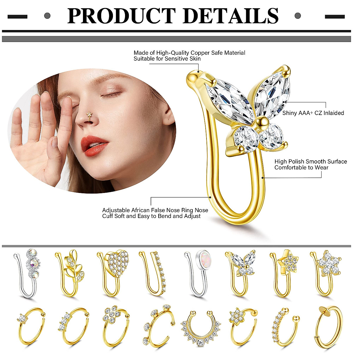 DOLOTTA 16Pcs Nose Cuff Fake Nose Ring Hoop Clip on Nose Ring Cubic Zirconia Fake Septum Nose Ring Cartilage Tragus Ring Nose Cuff Non Piercing for Women Men Gold