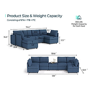LINSY HOME Modular Sectional Sofa, U Shape Oversized Sofa Couch with Storage, Memory Foam, Modular Sectionals with Ottomans, 7 Seat Living Room Furniture Sofa Sets with Chaise, Blue