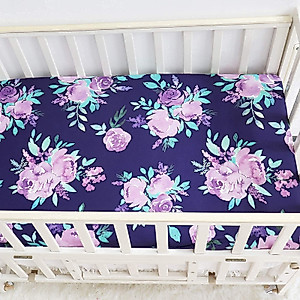 Girl Crib Sheet and Changing Pad Cover, Purple Flower Nursery Bedding, Flower Sheets for Baby Toddler Mattress