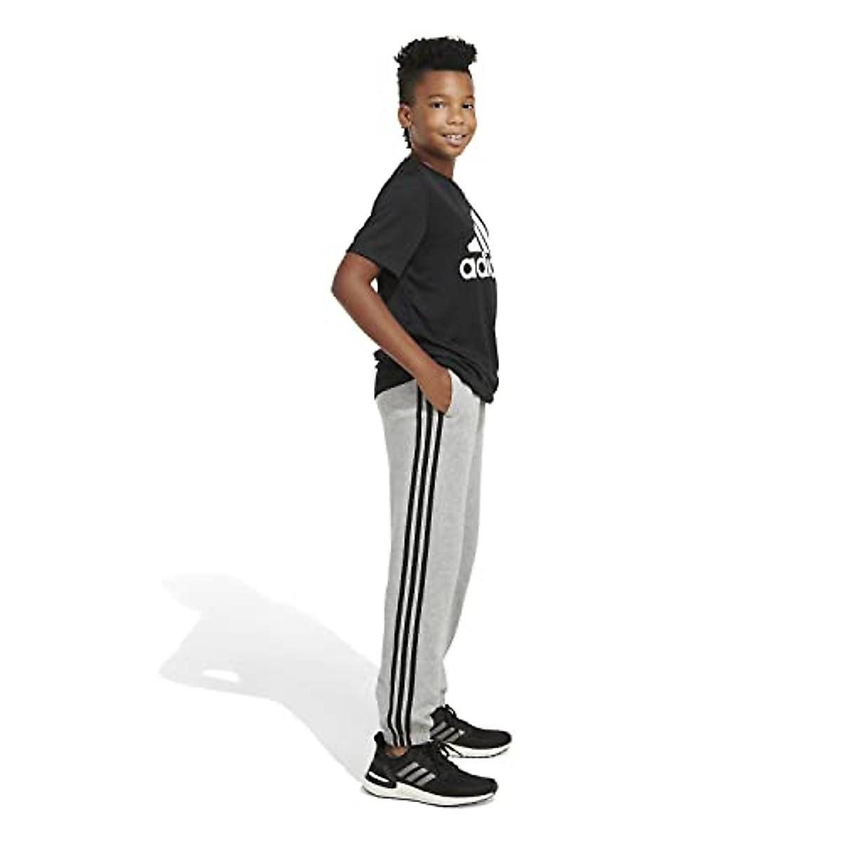 adidas Boys' Big Elastic Waistband Essentials French Terry 3-Stripe Jogger, Medium Grey Heather, S(8)