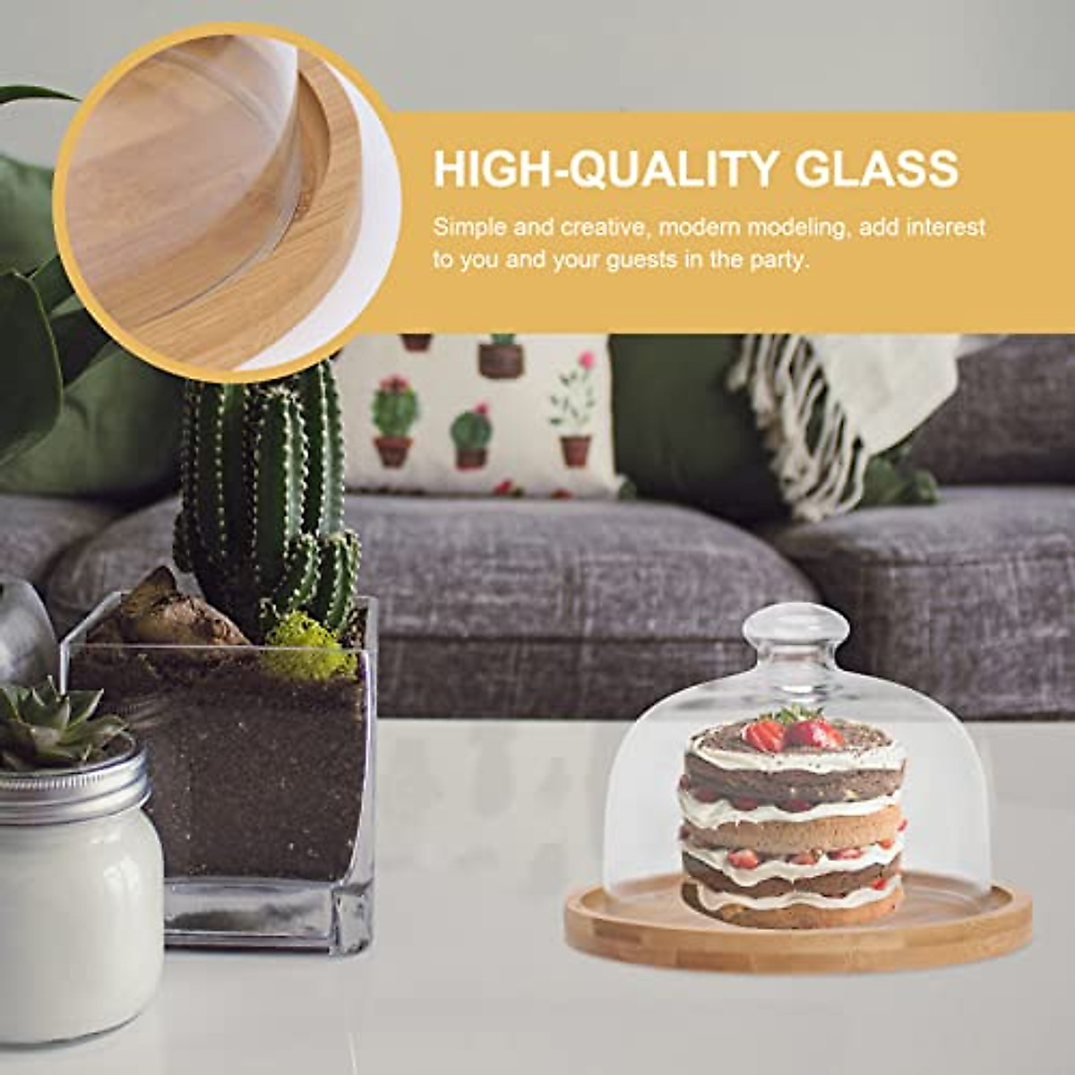 Cabilock Wood Cake Tray with Glass Dome Round Clear Cloche Dome Cake Plate Server Cake Display Cover Glass Cake Pan Cover Food Plate Lid for Cake Dessert Cheese Pastries 6. 5inch
