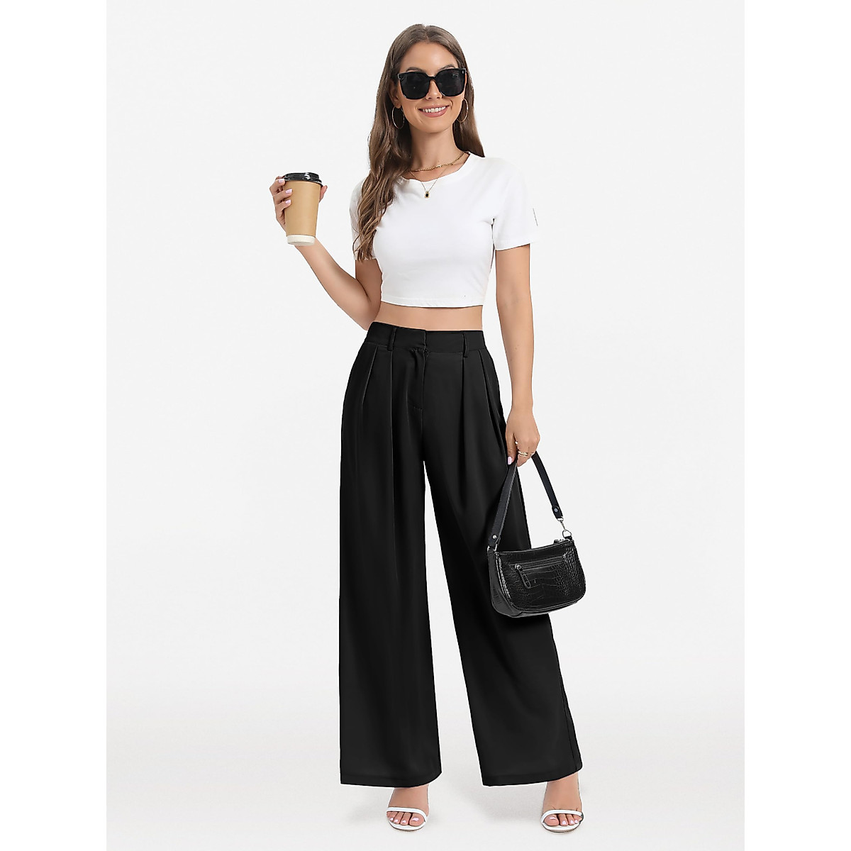 NIeyook Women's Wide Leg Pants Elastic High Waisted Trousers Business Work Casual Pants with Pockets Black