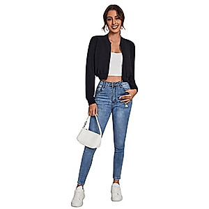 SweatyRocks Women's Casual Long Sleeve Solid Zip Up Coat Crop Bomber Jacket Black M
