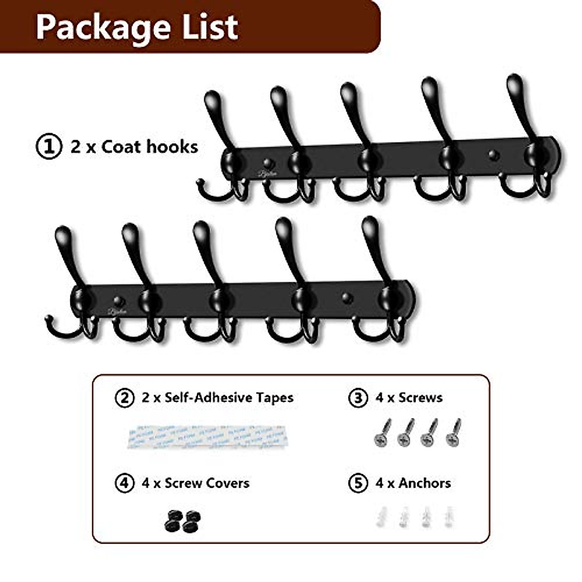 Bjiotun Coat Rack Wall Mounted 2 Pack Wall Hooks Stainless Steel Wall Hanger with 5 Tri Hooks for Hanging Coats Hats Towels Keys (Black)