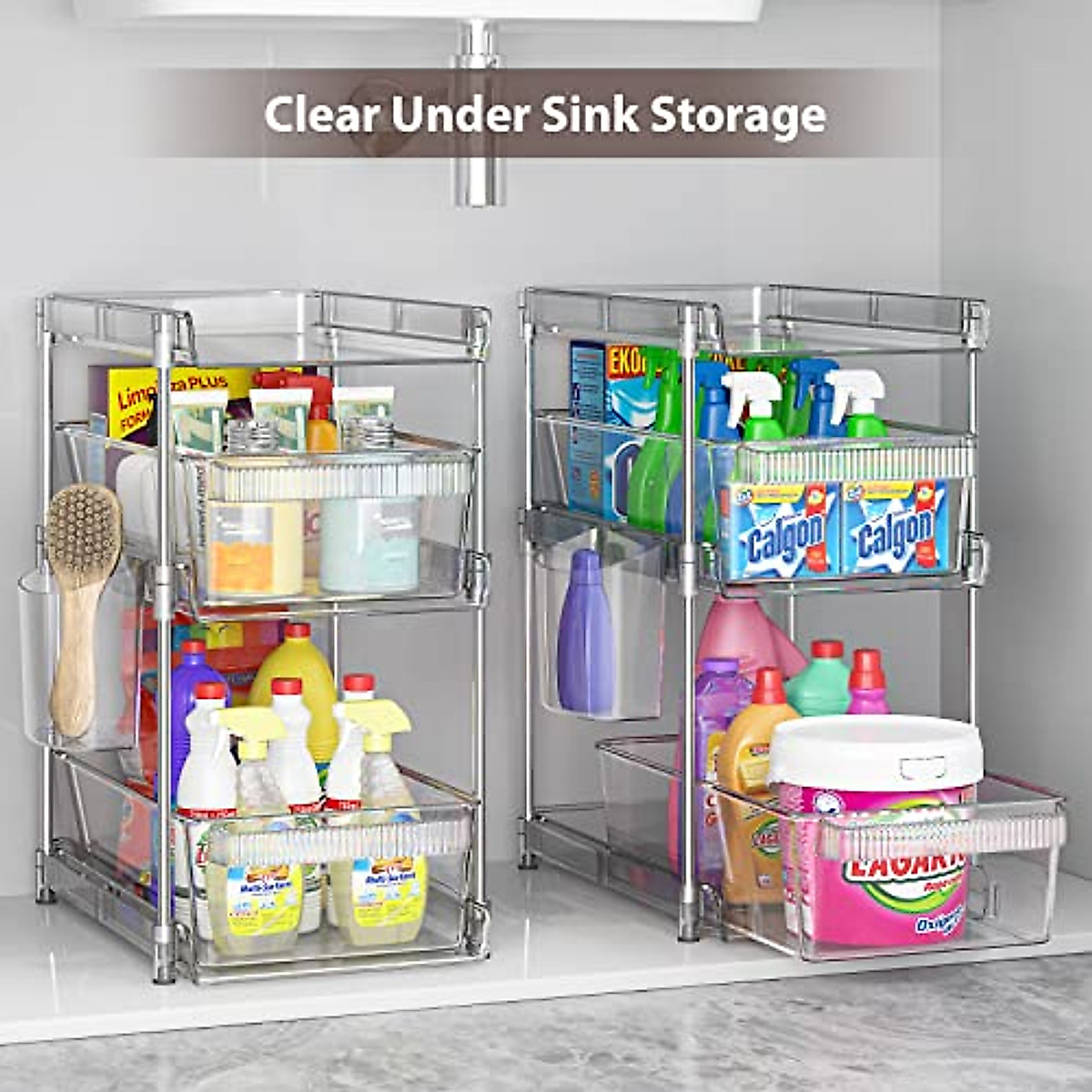 Clear Bathroom Organizers 3 Tier 2 Pack, Pull Out Organizer and Storage with 2 Cups, Slide Out Drawer Storage Container with 12 Dividers, Multi-Purpose Bathroom Organizer, Kitchen Under Sink Organizer