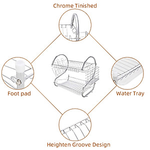 Guangshuohui Dish Drying Rack and Drainboard Set, 2 Tier Large Stainless Steel Sink Organizer Dish Racks with Cups Holder, Utensil Holder, Dish Strainer Shelf for Kitchen Counter