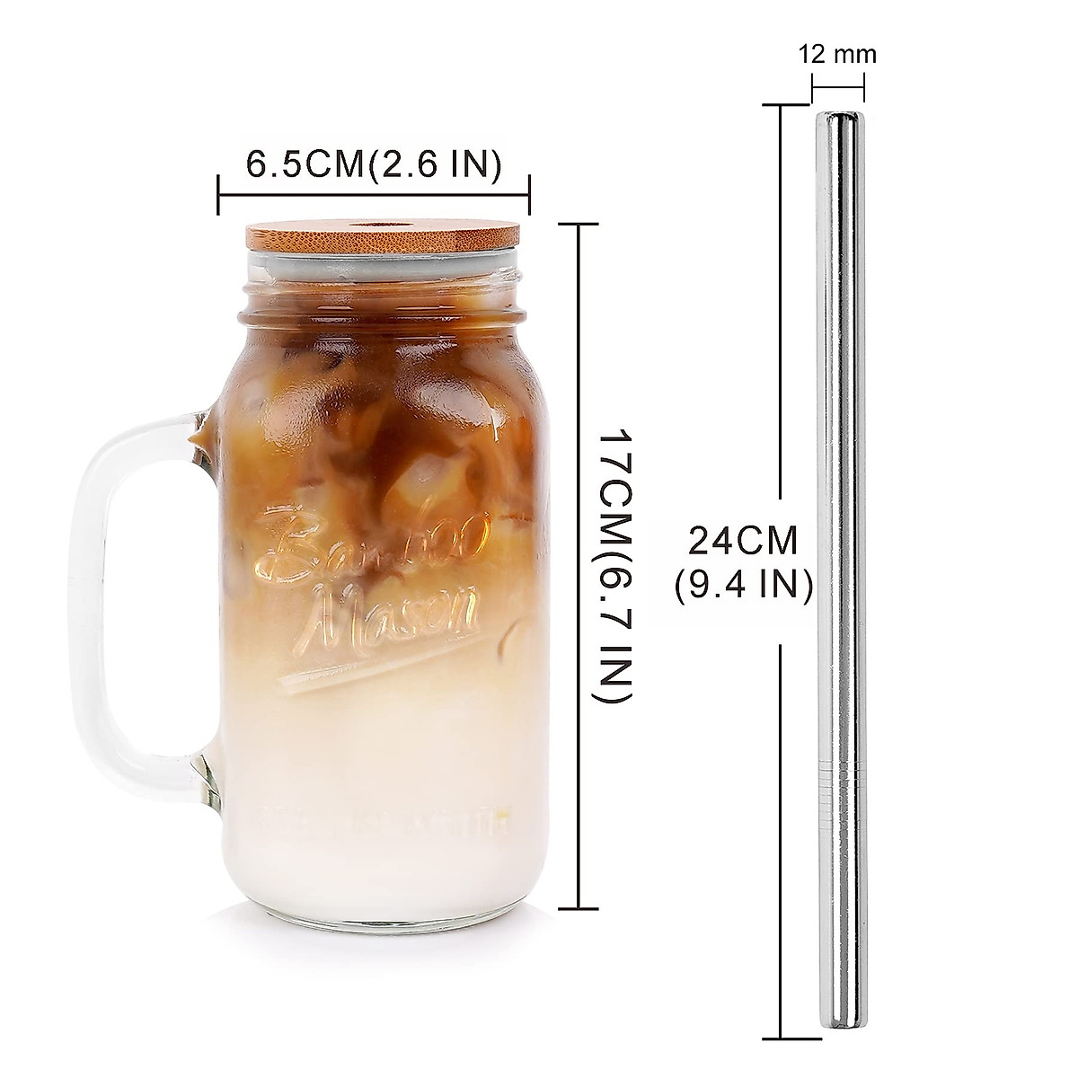 ANOTION Mason Jar with Lid and Straw, 24oz Regular Mouth Mason Jars with Handle Drinking Glasses Tumbler Reusable Cups Smoothie Water Bottles for Iced Coffee (Classic 2 cups Style)