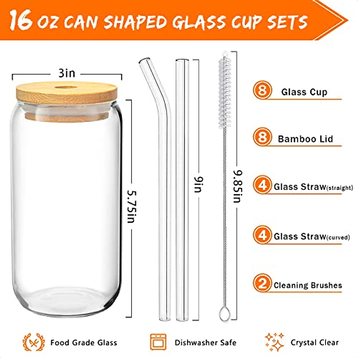8 Pcs Drinking Glasses with Bamboo Lids and Glass Straw - 16 Oz Can Shaped Glass Cups Beer Glasses Ice Coffee Glasses Cute Tumbler Cup Great for Soda Boba Tea Cocktail Include 2 Cleaning Brushes