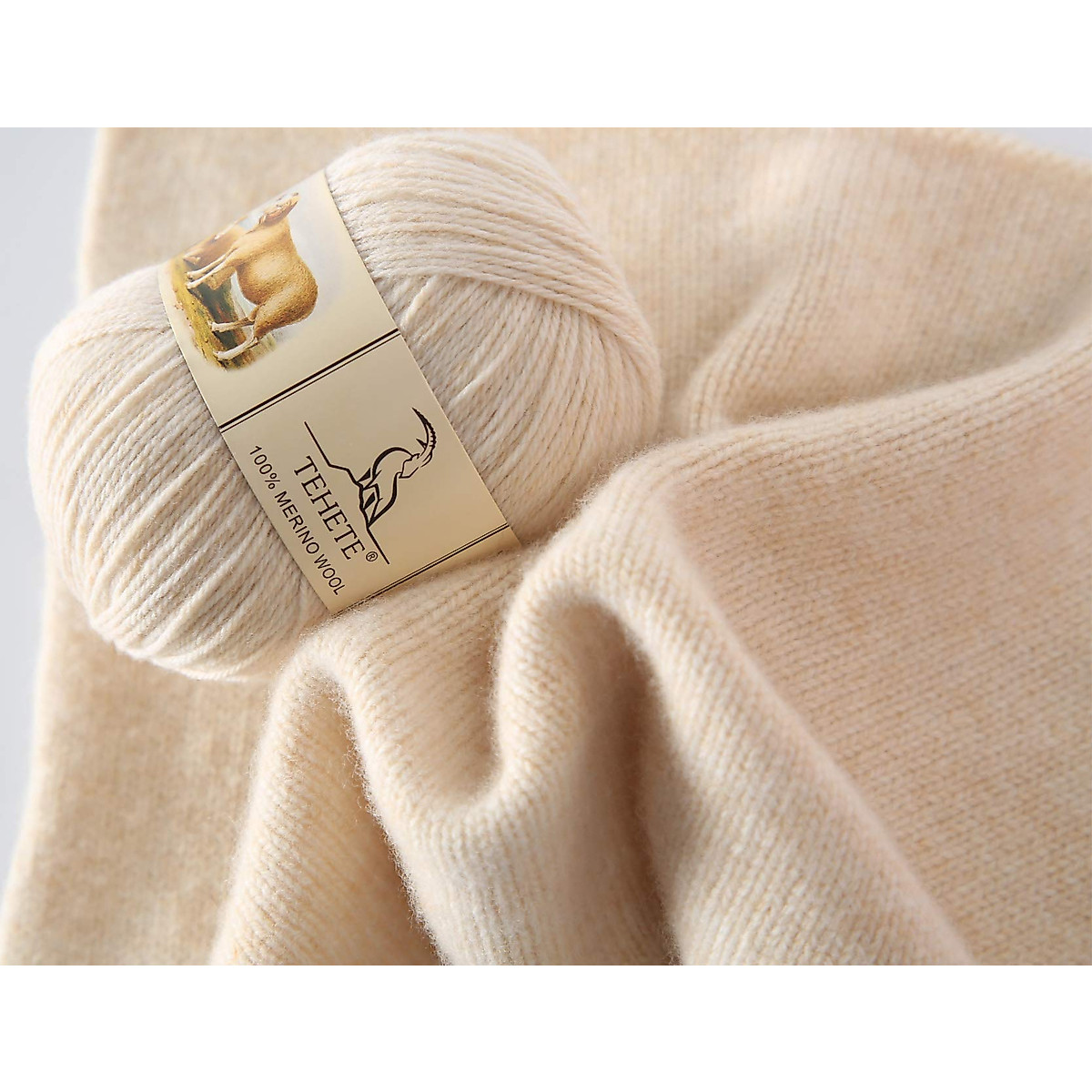 TEHETE 100% Merino Wool Yarn for Knitting 3-Ply Luxury Warm Soft Lightweight Crochet Yarn (Beige)