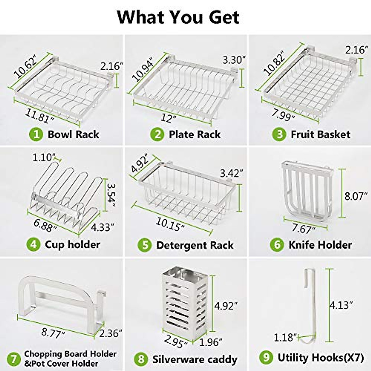 1Easylife Over The Sink Dish Drying Rack Adjustable 2-Tier Large Dish Dryer Rack for Kitchen Organizer Storage Space Saver Shelf Utensils Holder with 7 Utility Hook Tableware Drainer (Silver)