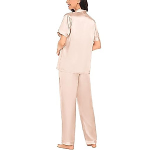 SWOMOG Silk Pajama Set for Womens Solid Satin Loungewear Short Sleeve Pj Set Button Down 2 Pcs Nightwear with Pants with Pockets Champagne