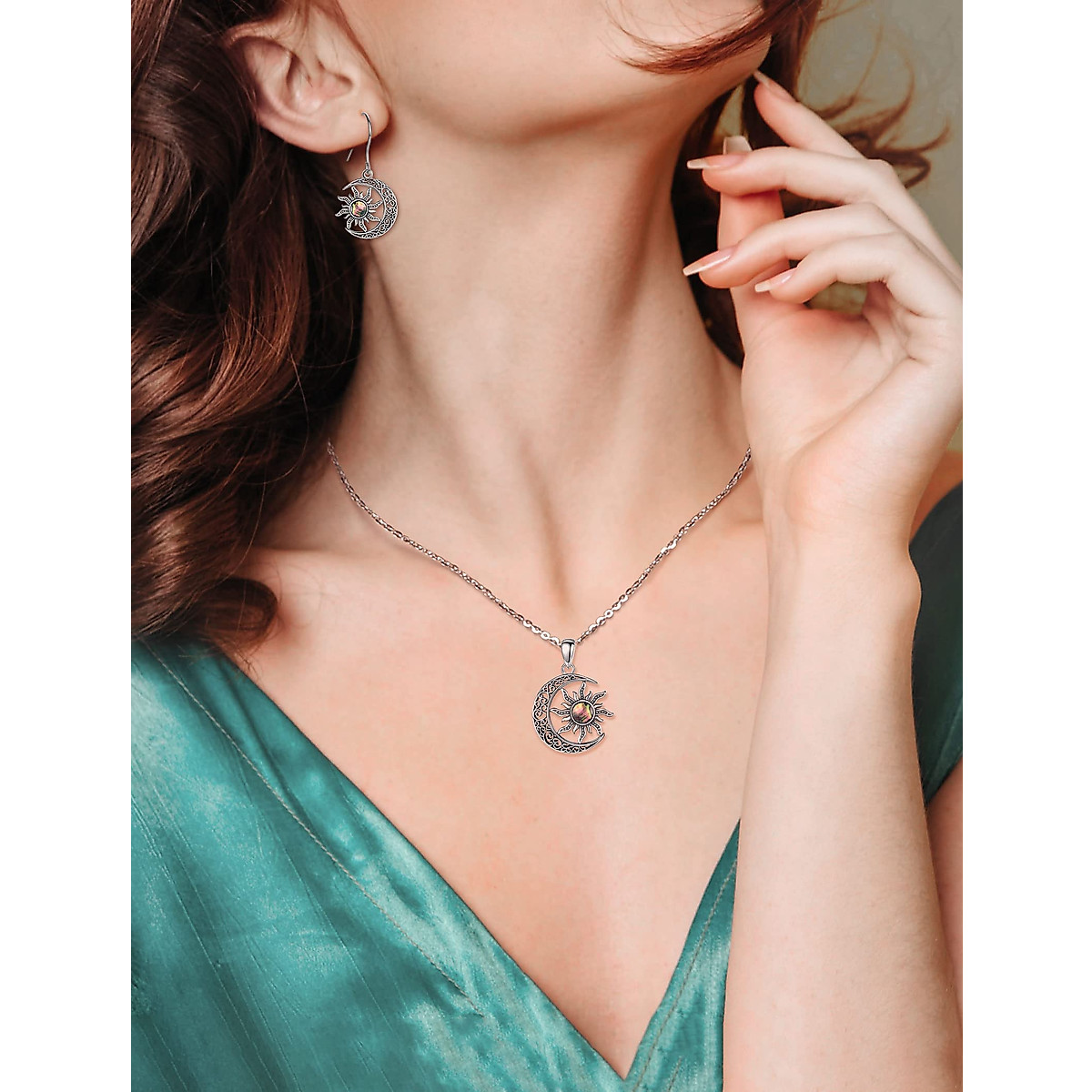 NFUSEU Sun and Moon Necklace Sterling Silver for Women Witchy Jewelry Crescent Moon Pendant Twitches Abalone Vintage Oxidized Black Birthday Gifts, 18 Inch Chain