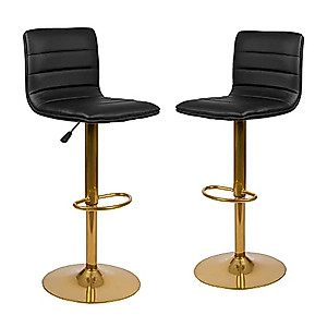 Flash Furniture Vincent Modern Black Vinyl Adjustable Bar Stool with Back, Counter Height Swivel Stool with Gold Pedestal Base, Set of 2