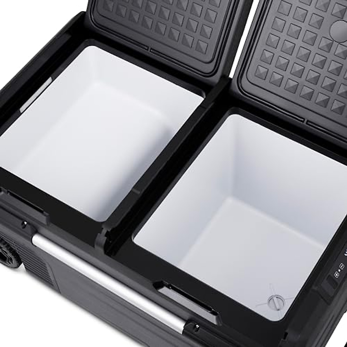 Newair Portable 80 Qt. Electric Car Camping Cooler with 4 Battery Protection Modes, Dual Zone Fridge and Freezer Storage, Retractable Handle, Outdoor Wheels and Rugged Construction