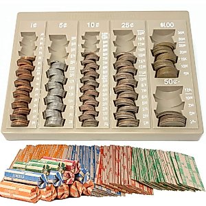 Coin Counter and Sorters Money Tray – Bundled with 64 Coin Roll Wrappers – 6 Storage Compartment Change Organizer and Holder - Ideal Coin Dispenser for Bank Tellers Business or Home Use