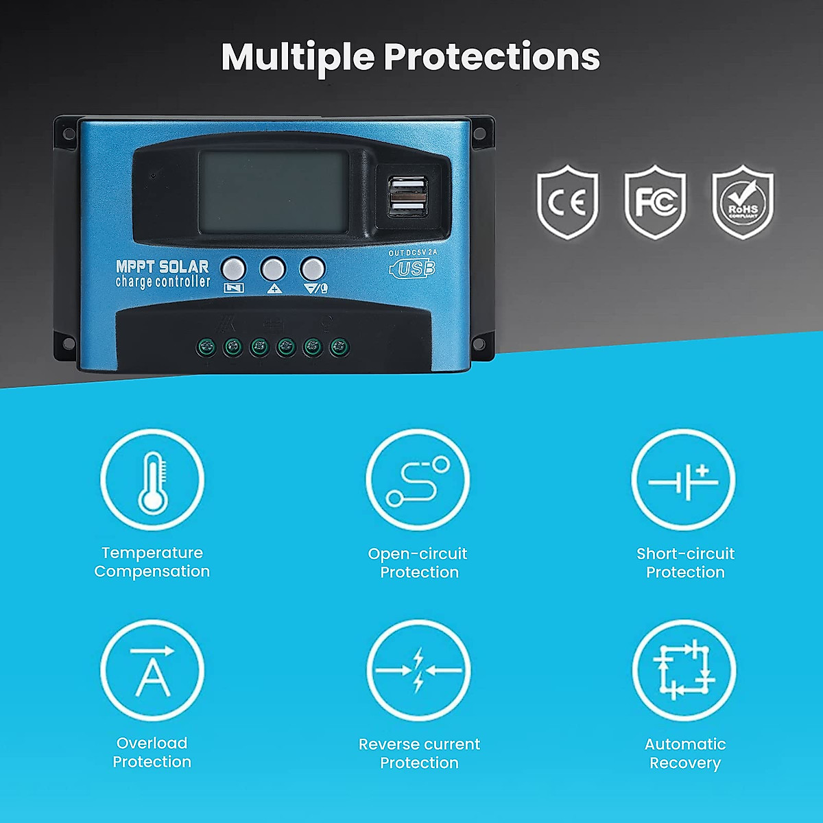 FellDen 50A MPPT Solar Charge Controller 12V/24V, Auto Focus Tracking Solar Panel Battery Regulator Dual USB Port Display Adjustable Parameter LCD Display Multiple Load Control Modes