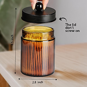 Amolliar Amber Glass Qtip Holder, Apothecary Jars with Matte Black Metal Lid & Stickers-Bathroom Qtip Dispenser Storage Organizer Set,Vanity Counter Canister for Cotton Swabs,Round Pads,Floss (2 Pack)
