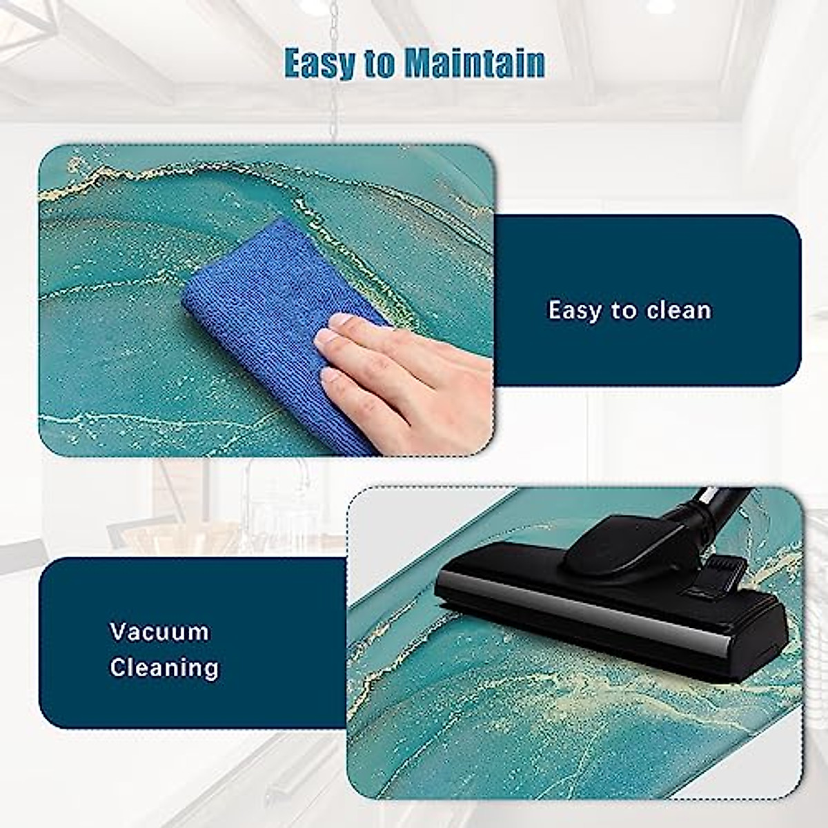 Sofort Anti Fatigue Kitchen Mats for Floor 2 Piece Set, Cushioned Memory Foam Kitchen Rug, Non Slip Waterproof Teal Marble Kitchen Mat, Comfort Standing Mats for Kitchen, Laundry, Office, Sink