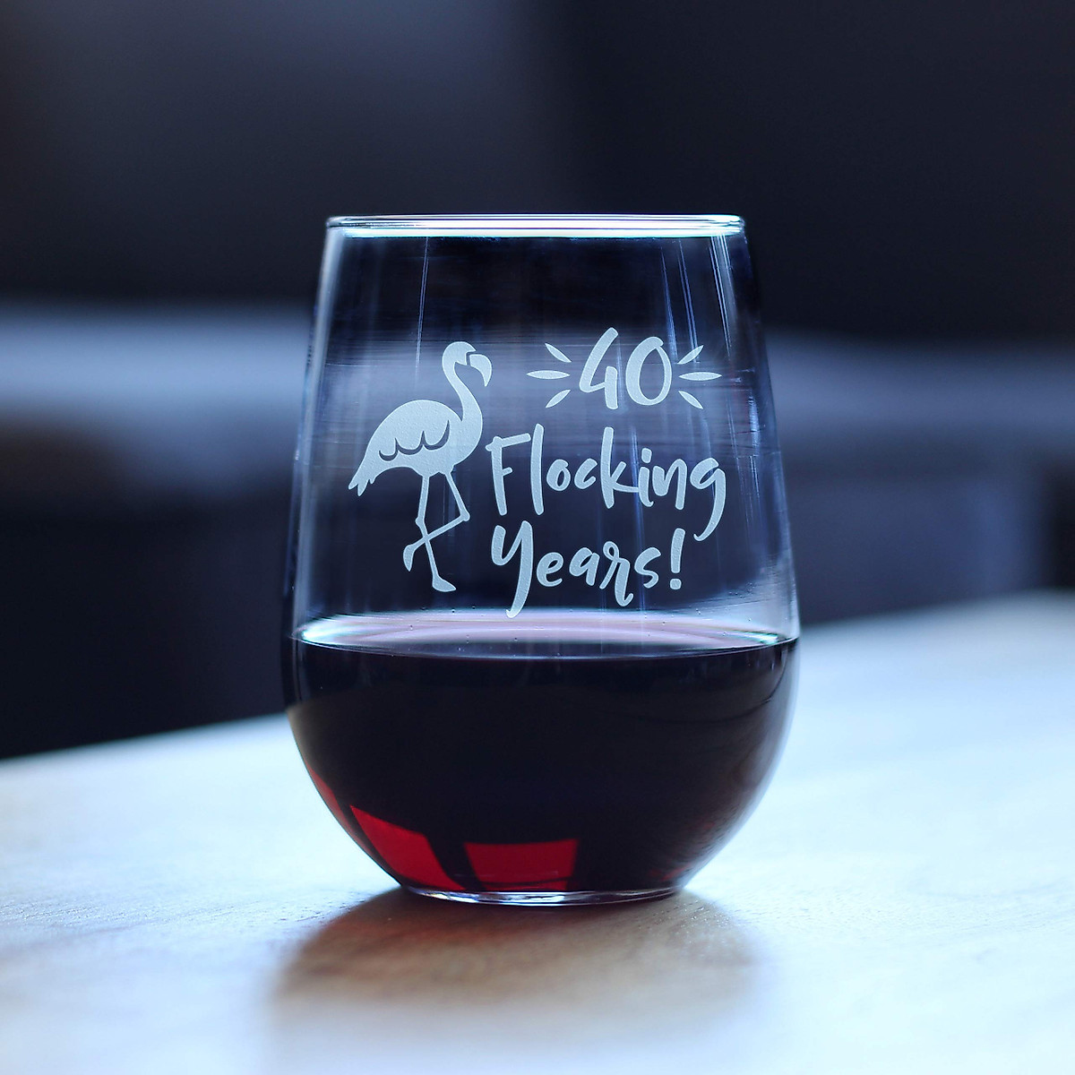 40 Flocking Years - Funny Flamingo Stemless Wine Glass Gift for 40th Birthday, Anniversary or Reunion - Large