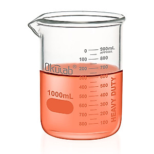 Okulab Heavy Duty Glass Beaker Set, Thick-Walled 3.3 Borosilicate Glass Beakers, with Double Scale Printed Graduation, Vol.1000ml, HBKG1000A1