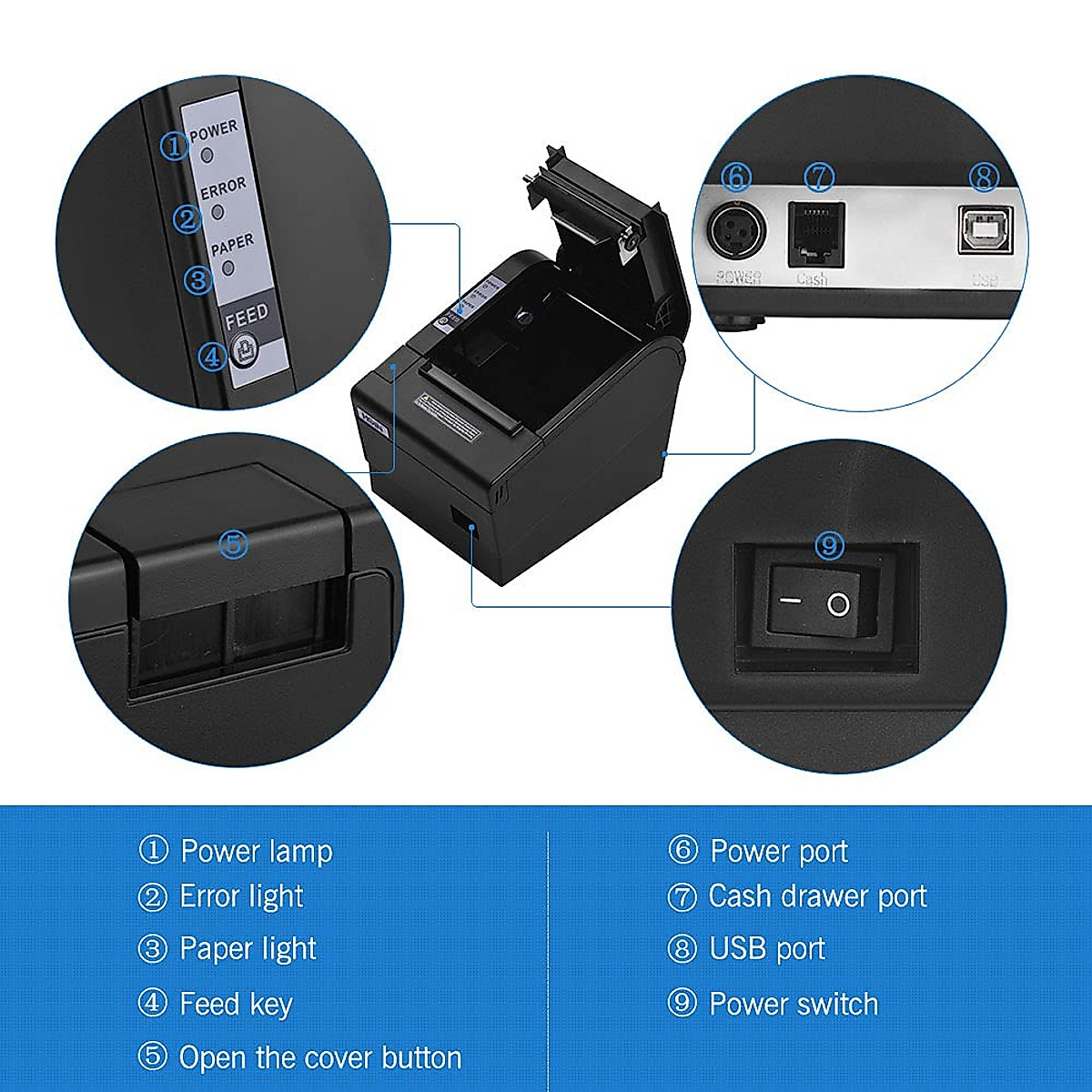 Jabey Thermal Printer,80mm USB Thermal Receipt POS Printer Auto Cutter High Speed Printer Clear Printing Compatible with ESC/POS Print Commands for Supermarket Store Home Business