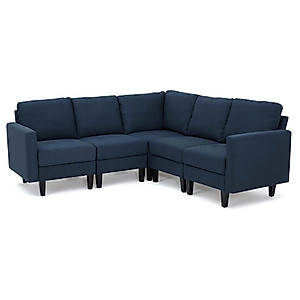 Kaimei Mirod 5-Piece L-Shaped Sofa, Navy Blue Fabric Sectional Sofa with Wooden Legs for Living Room