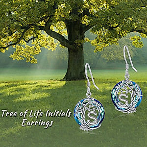 TOUPOP Tree of Life Initial Earrings 925 Sterling Silver Initial S Letter Drop Dangle Earrings with Blue Circle Crystal Family Tree Jewelry Anniversary Birthday Christmas Gifts for Women