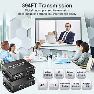 LornCeng 4K HDMI KVM USB Extender Over Cat5e/6/7 up to 120M(394ft), KVM Extender Over IP Zero Latency Support All System, Plug & Play, 4 Ports USB2.0