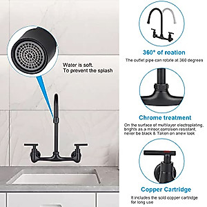 RWUSNX Matte Black 8 Inch Center Wall Mount Faucet with 6" Gooseneck Swivel Spout, 2-Handle Commercial Kitchen Sink Faucet for Home Restaurant Kitchens (Chrome Finish)